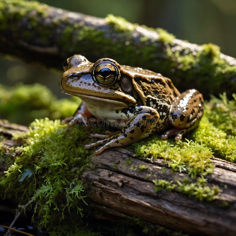 Mossy Haven: Common Frog on Log in Forest, Soaked in Sunlight Stock ...