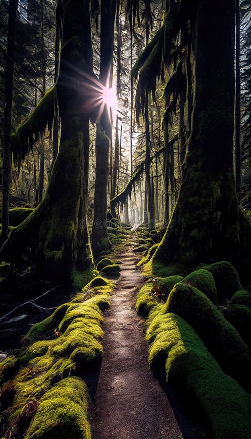 Mossy Path through West Coast Rain Forest Giant Trees Towering Above ...
