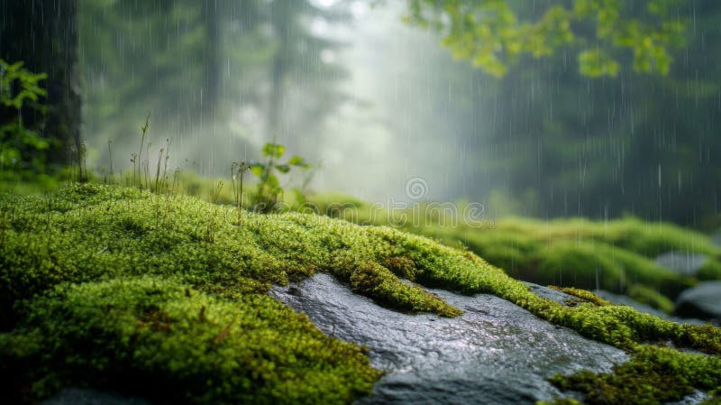 Mossy Rock and Rain in a Verdant Forest Stock Illustration ...