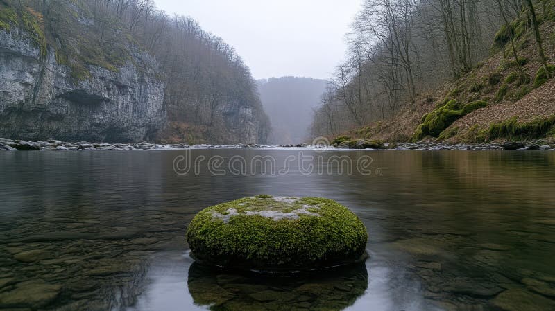 Mossy Rock in River. Tranquil Waterscape, Forest, and Cliffs ...