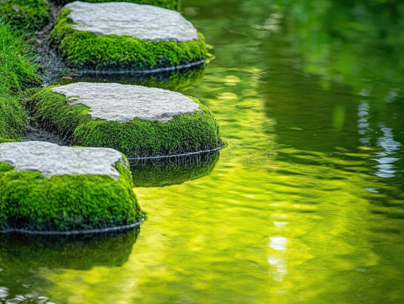 Mossy Rock Steps in Pond stock photo. Image of water - 372138276