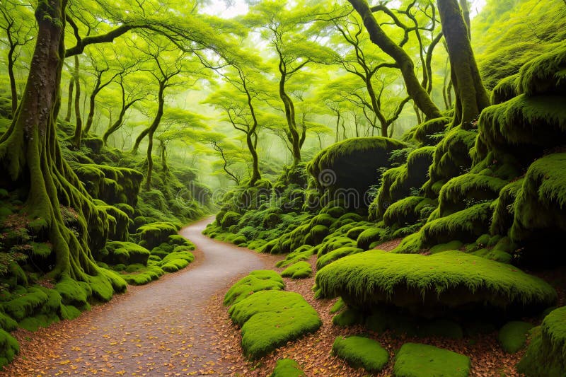 Mossy Rocks and Old Trees in the Forest. Stock Illustration ...