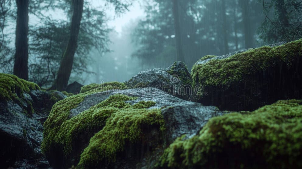 Mossy Rocks in a Rain-Soaked Forest Stock Illustration - Illustration ...