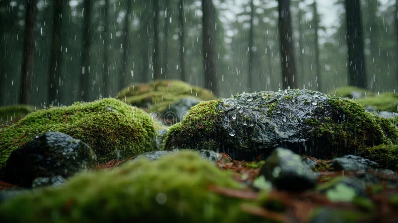 Mossy Rocks in a Rain-Soaked Forest Stock Illustration - Illustration ...