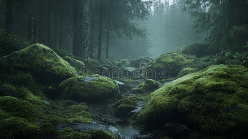 Mossy Rocks and Stream in a Misty Forest Stock Illustration ...