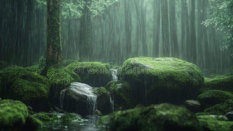 Mossy Rocks and a Stream in a Rain-Drenched Forest Stock Illustration ...