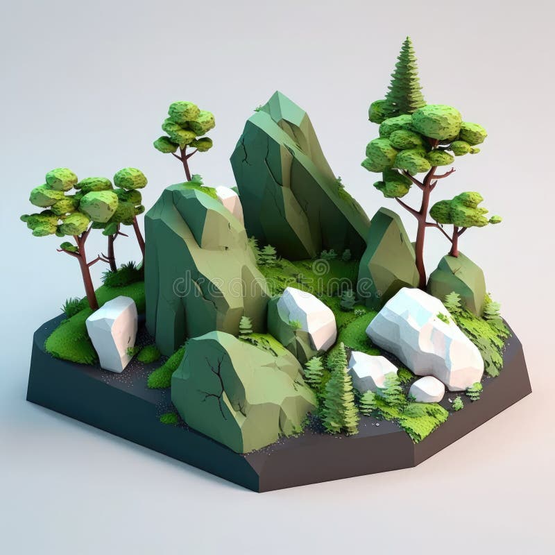 Mossy Rocks and Swaying Trees, Isometric Low Poly View AI Generation ...