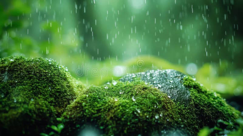 Mossy Rocks Under Drizzling Rain in a Lush Green Forest Stock ...