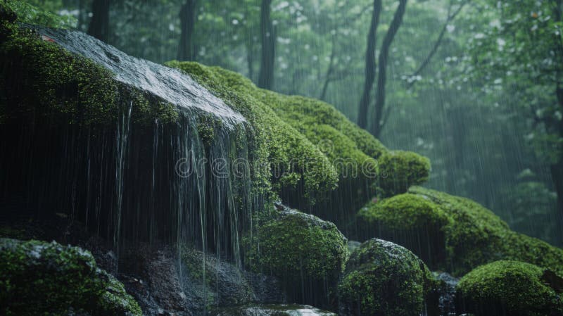 Mossy Rocks and Waterfall in Raining Forest Stock Illustration ...