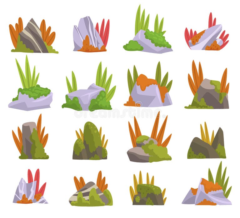 Mossy Solid Stone or Boulder with Grass Big Vector Set Stock Vector ...