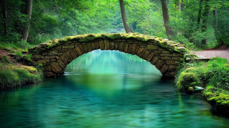 Mossy Stone Arch Bridge Over Green Forest Stream Stock Illustration ...