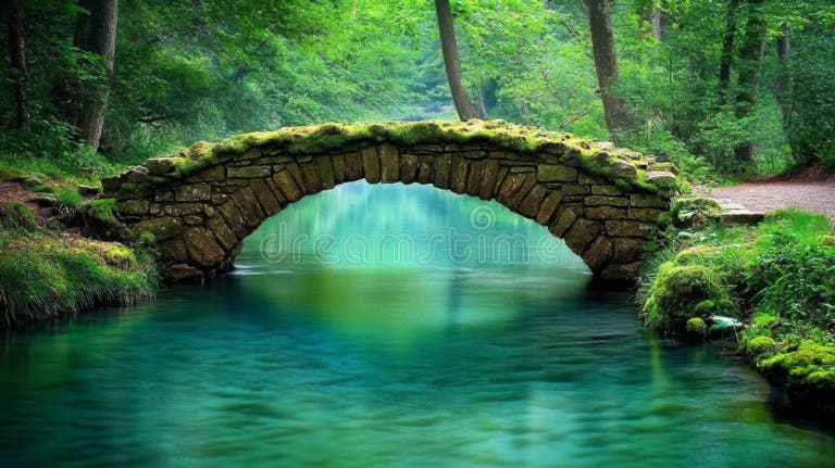 Mossy Stone Arch Bridge Over Green Forest Stream Stock Illustration ...