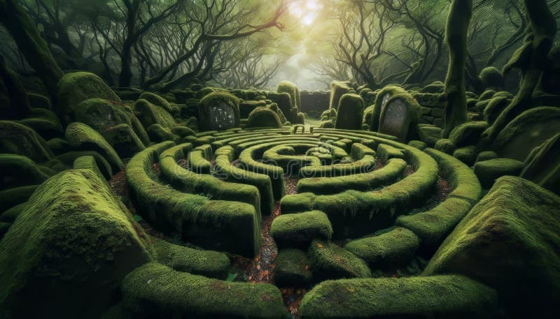 Mossy Stone Labyrinth Ancient Ruins Comprised of Moss Covered St Stock ...
