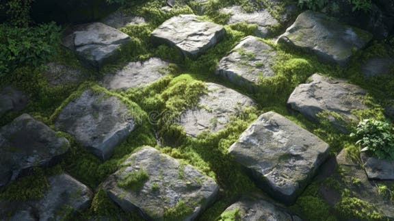 Mossy Stone Path in a Lush Green Forest Stock Illustration ...
