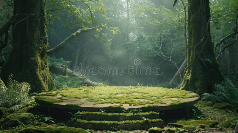A Mossy Stone Platform in a Lush Green Forest, Bathed in a Soft ...