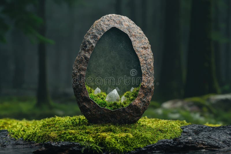 Mossy Stone Portal with Quartz Crystals in a Forest. Stock Illustration ...