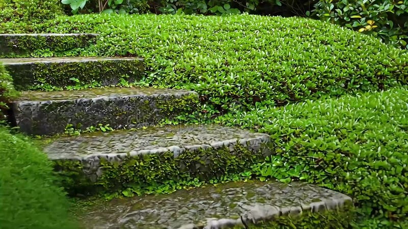 Mossy Stone Steps Ascend through Lush Greenery in a Tranquil Garden ...
