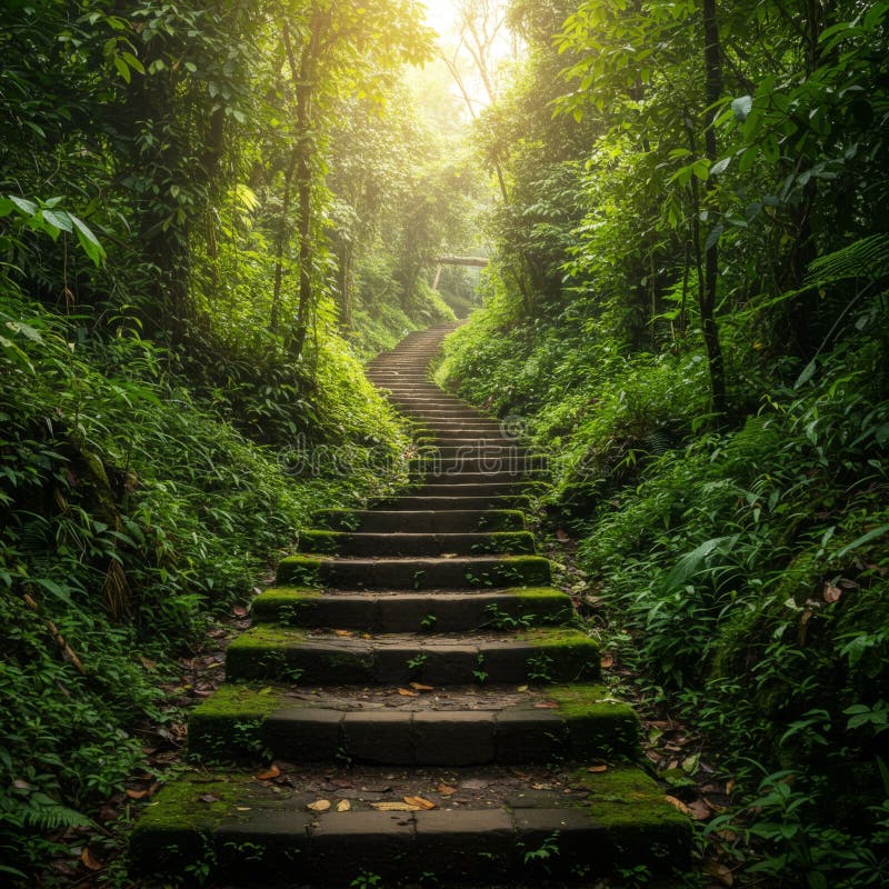 Mossy Stone Steps Leading Upward through Lush Green Forest Stock ...