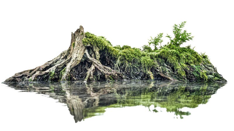 Mossy Tree Stump with Roots Reflected on Water Transparent Background ...