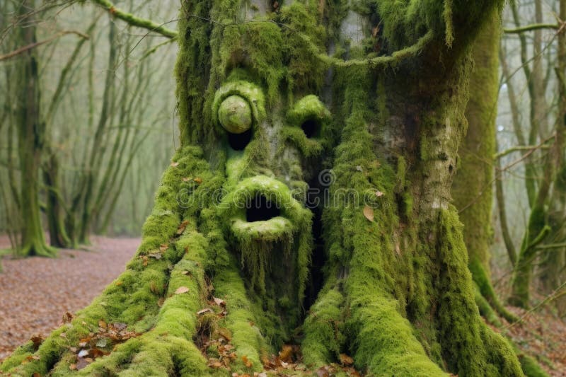 Mossy Tree Trunk with Gnarly Shapes Resembling a Ghost Face Stock Image ...
