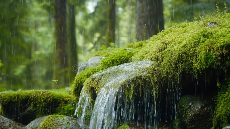 Mossy Waterfall in a Rain-Drenched Forest Stock Illustration ...
