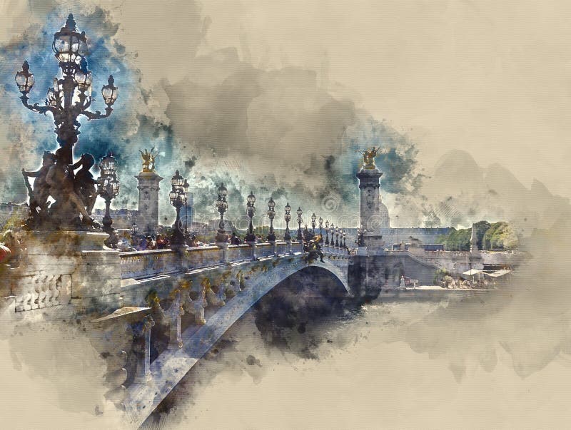 The Most Beautiful Bridge in Paris - Alexandre III Stock Illustration ...
