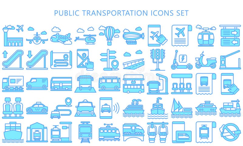 Public Transportation Blue Color Icons Set Stock Vector - Illustration ...