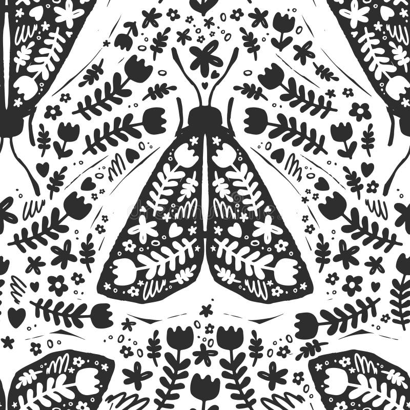 Moth with Floral Pattern, Seamless Pattern. Hand Drawn Vector ...
