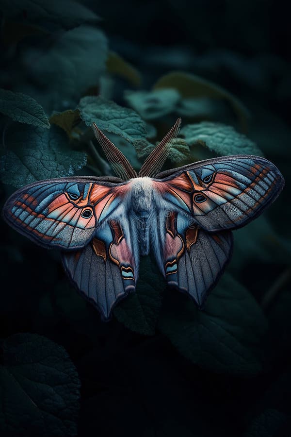 Detailed Moth Resting on Leaves in Dark Setting Stock Illustration ...