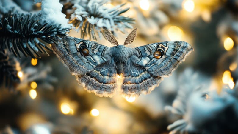 Moth on Snowy Pine with Glowing Lights Stock Photo - Image of nocturnal ...