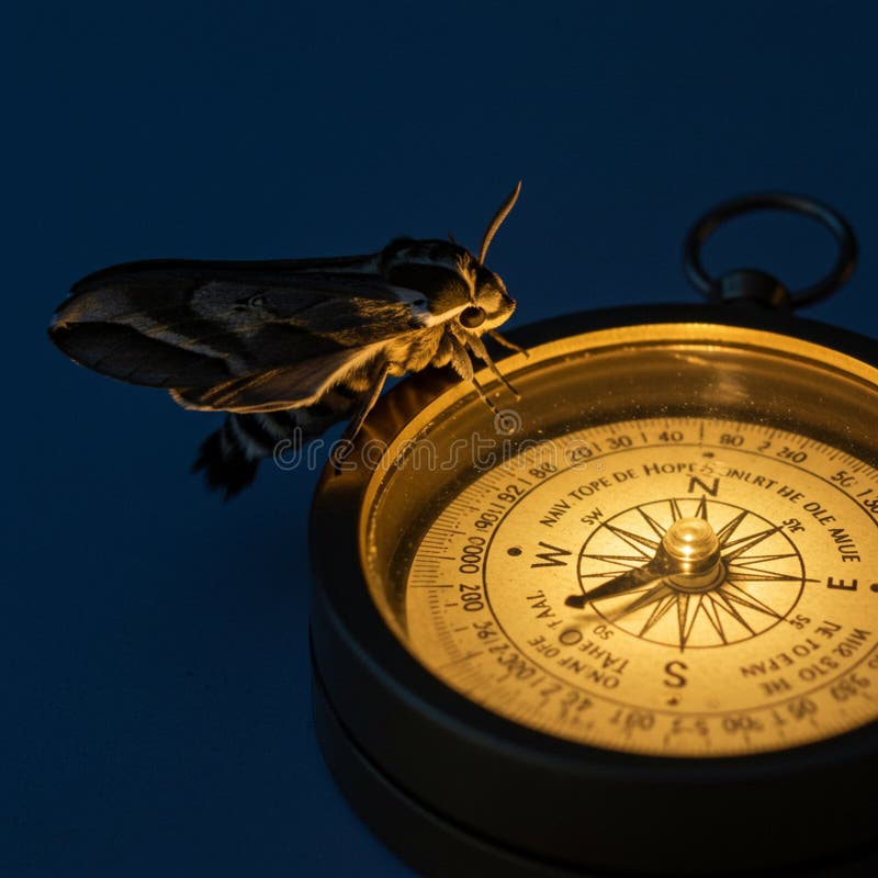 A Moth Sits on a Lit Antique Compass, Casting Shadows on the Circular ...
