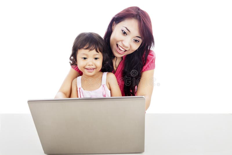 A Mother Accompany Her Child To Use Internet Stock Image - Image of ...