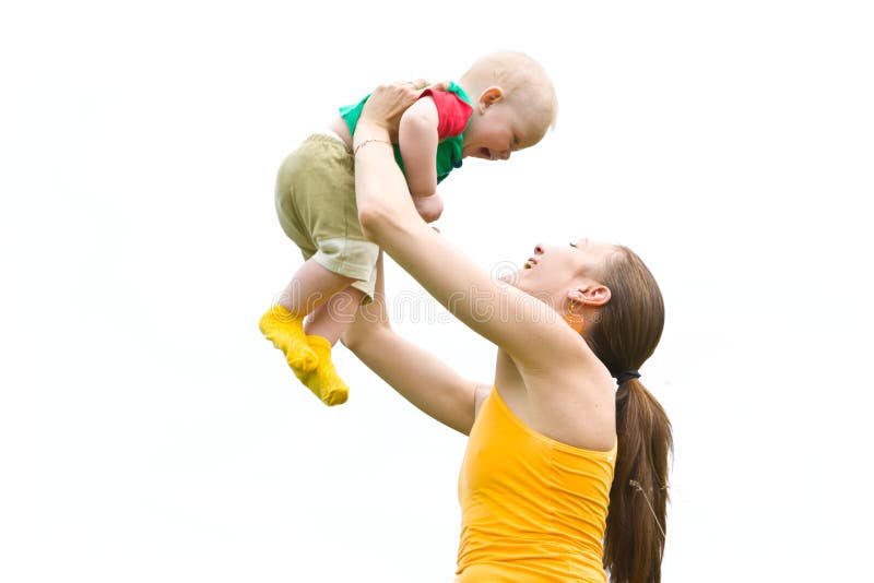 Mother Lifts Child on Hands Outdoor Stock Image - Image of adorable ...