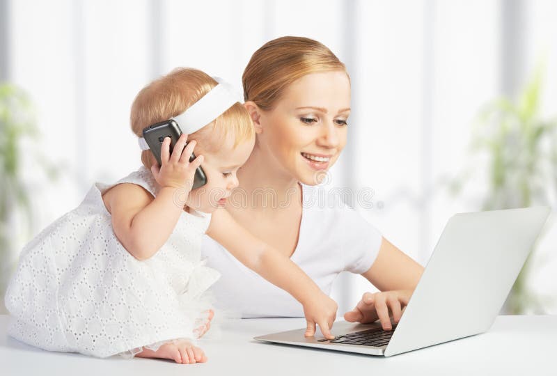Mom and Baby with Computer Working from Home Stock Image - Image of ...