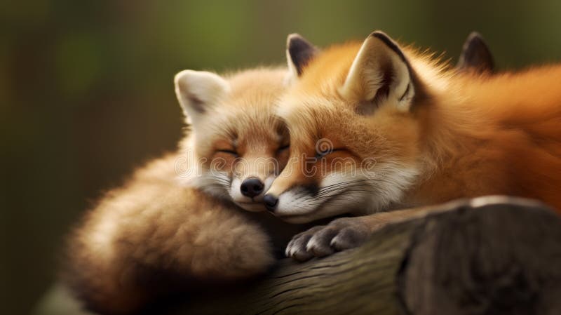 Mother and Baby Fox Sleeping on a Log in the Forest. Stock Photo ...