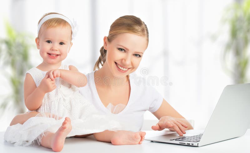 Mother and Baby at Home Using Laptop Computer Stock Photo - Image of ...