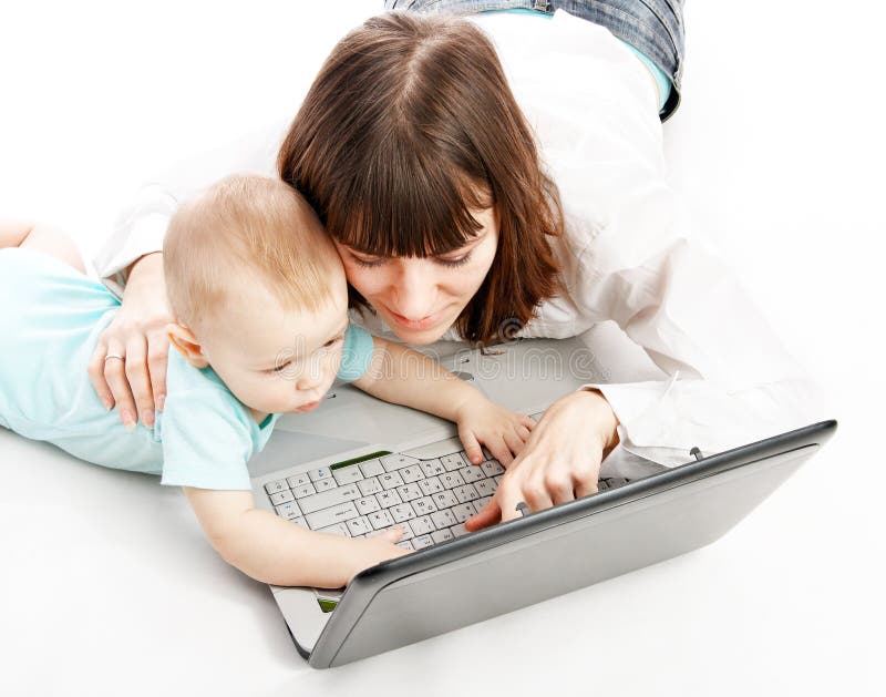 Mom and Baby with Computer Working from Home Stock Image - Image of ...