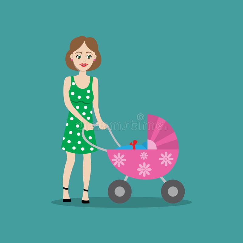 Mother with Baby in the Stroller for a Walk Stock Vector - Illustration ...