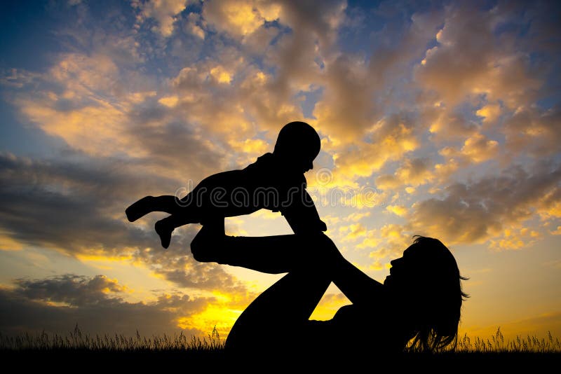 Mother with baby at sunset stock illustration. Illustration of child ...