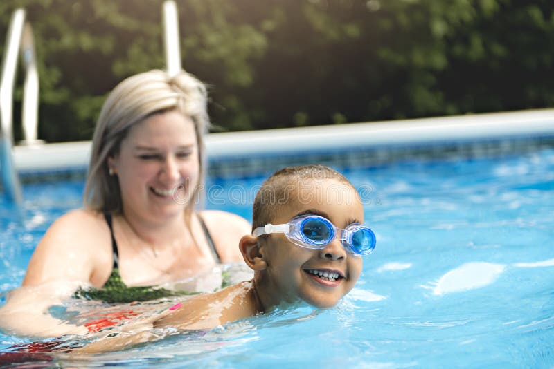 Mother and Baby Swim in the Pool Stock Photo - Image of active, family ...