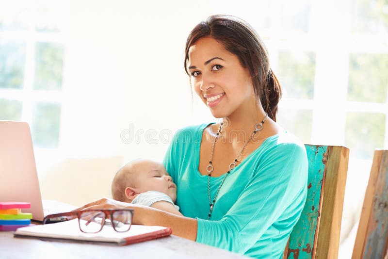 Mother with Baby Working in Office at Home Stock Image - Image of child ...