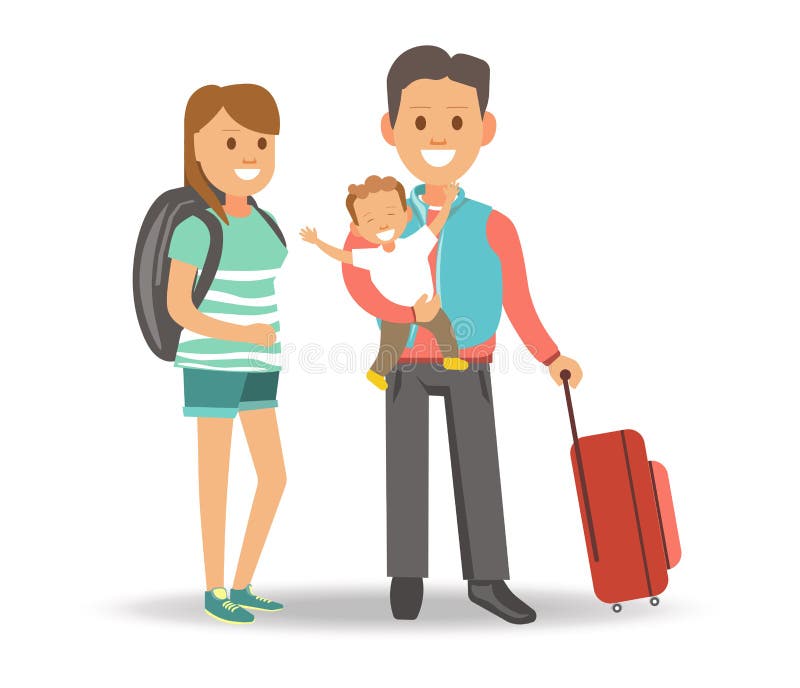 Mother with Backpack and Father with Son and Suitcase Stock Vector ...