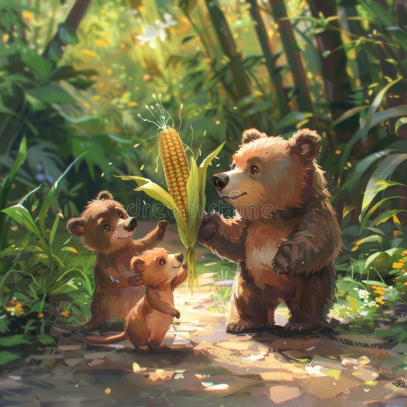 A Mother Bear and Her Two Cubs are Happily Munching on Fresh Corn in a ...