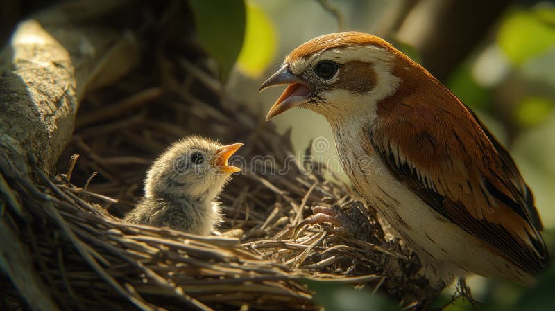 Mother Bird Feeding Baby in Nest Stock Illustration - Illustration of ...