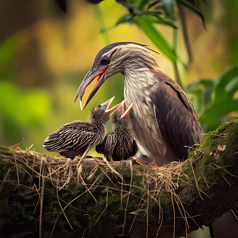 A Mother Bird Feeds the Two the Cubs Animal Friendship Stock ...