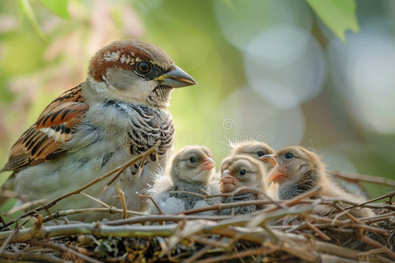 A Mother Bird and Her Chicks in Their Nest Stock Illustration ...