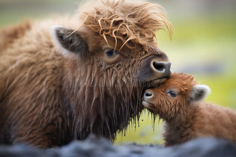 Mother Bison Nuzzling Its Offspring Stock Illustration - Illustration ...