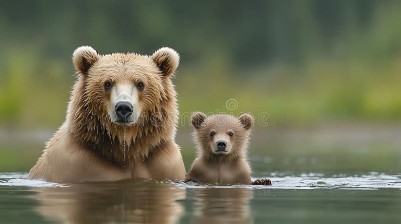 A Mother Brown Bear and Her Cub Stand in a River, Looking Directly at ...