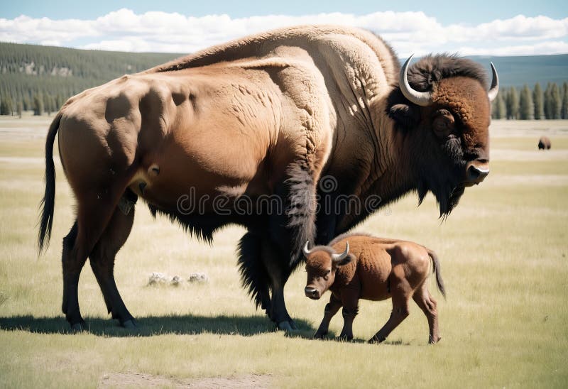 Mother Buffalo with Newborn Calf Stock Illustration - Illustration of ...