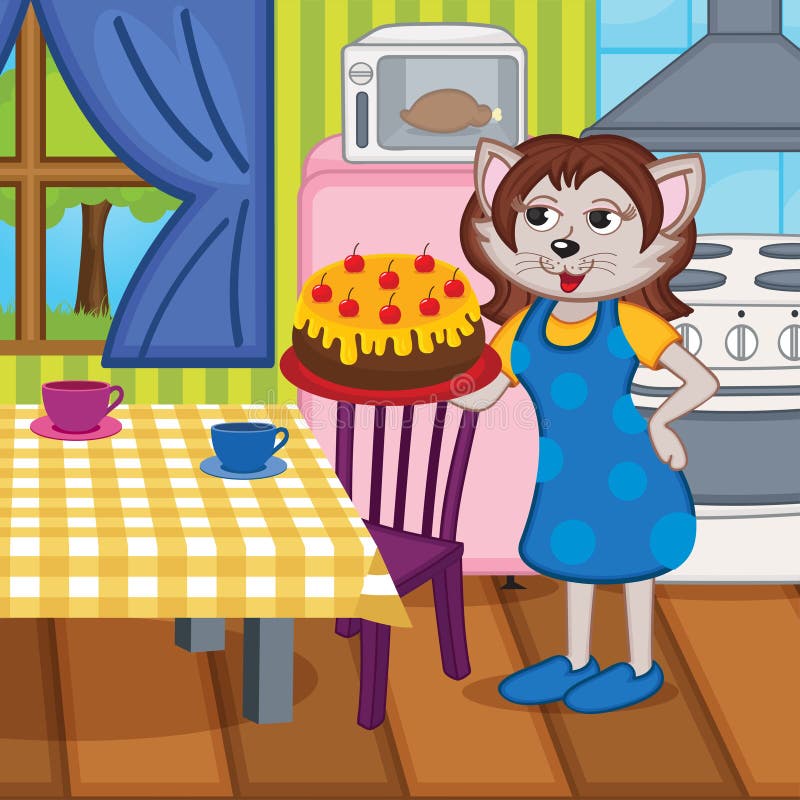 Mother Cat Baked a Cake in Kitchen Stock Vector - Illustration of ...